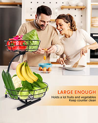 covsus 2 Tier Countertop Fruit Basket Bowl with Banana Hanger for Kitchen Counter, Wire Fruit Stand Holder for Fruits Vegetable Storage, Black