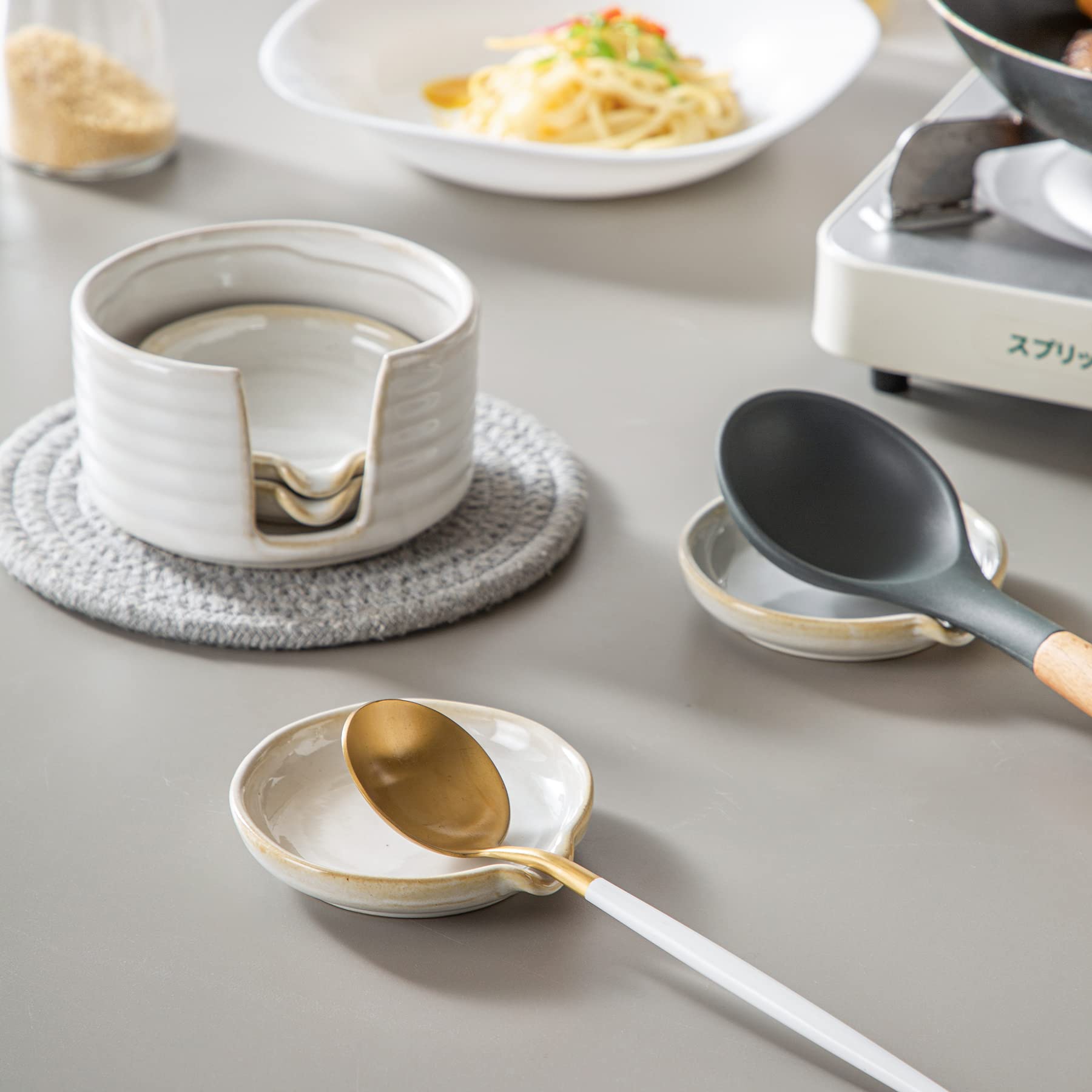 Ceramic Spoon Rest,Spoon Holder,Soy Sauce Dishes with Holder for Kitchen,Household Dipping Sauce Dishes Set, Side Dishes,LIUCUON Kitchen Basics,Set of 4 Kitchen Accessories For Utensils (cream)