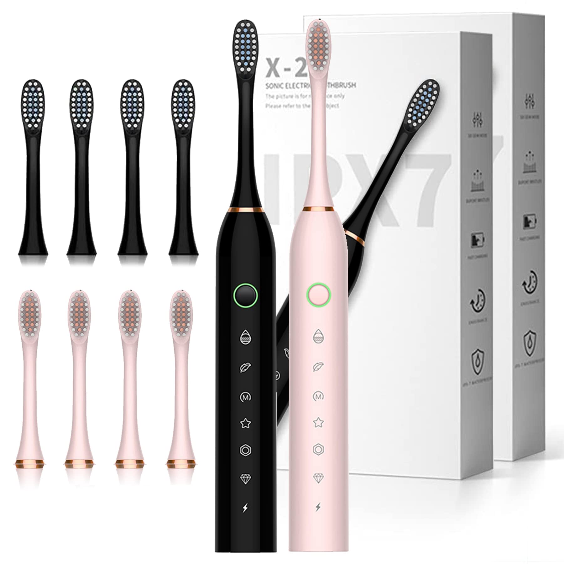 Bluvuphy 2 Pack Electric Toothbrushes Sonic Toothbrush Whitening with 8 Brush Heads, 6 Cleaning Modes and Smart Timer, for Adults Rechargeable Waterproof Cleaning Toothbrushes(Black+Pink)