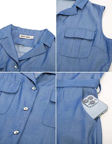 GRACE KARIN Womens Jean Dress Casual Denim Dresses Summer Sleeveless Button Down A line Shirt Dress with Belt Blue XL