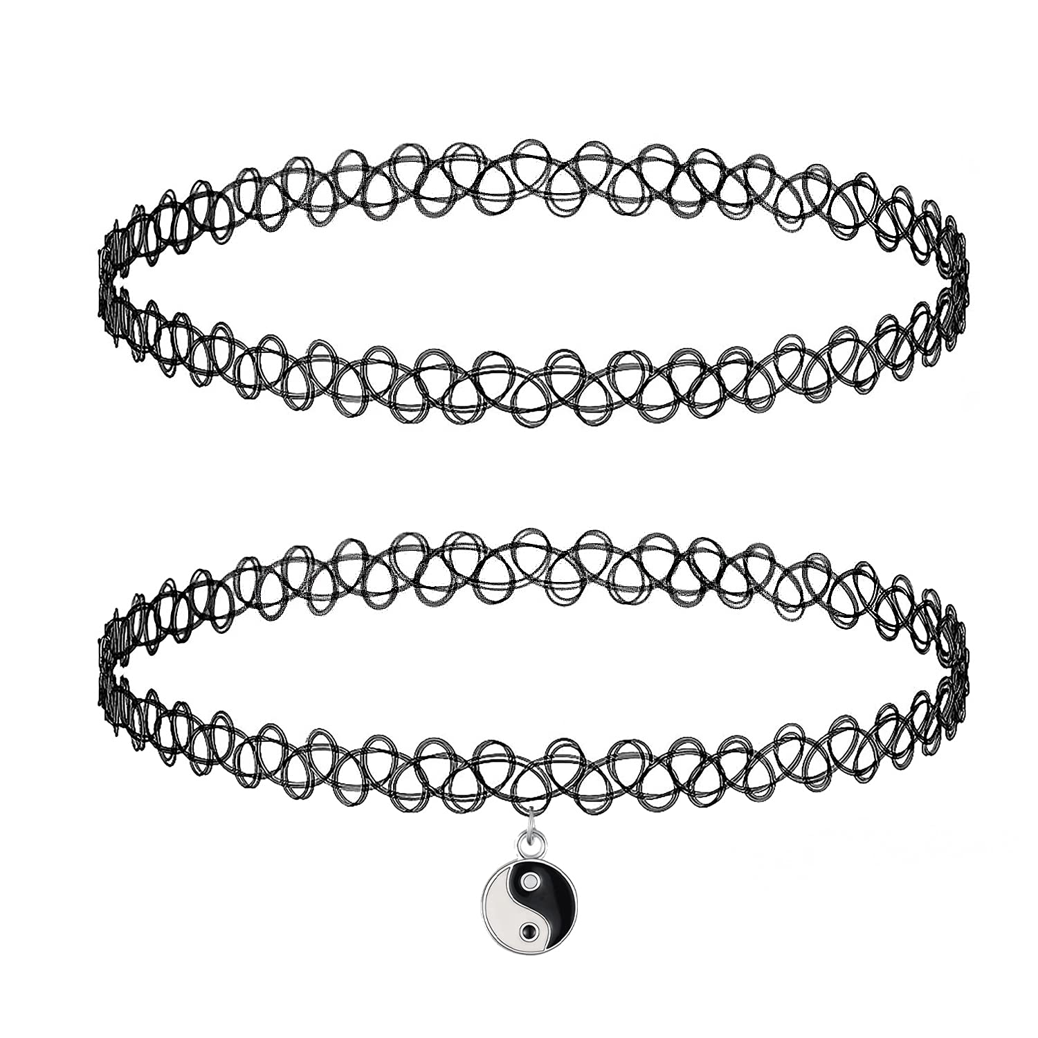 BodyJ4You Tattoo Choker Necklace - 90s Choker Necklace Women - 2000s Black Chokers - Yin Yang Silvertone Charm Pendant - Vintage Emo Stretchy Elastic Necklace