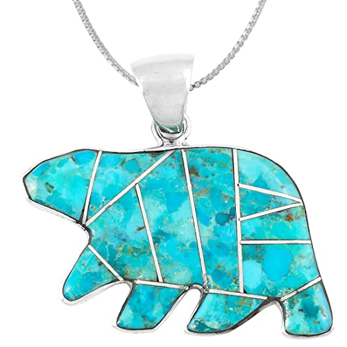 Bear Pendant Necklace 925 Sterling Silver & Genuine Turquoise 24" (Turquoise)