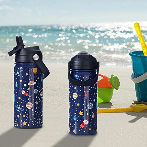 HOMMBENM Kids Space Water Bottles With Straw Lids Stainless Steel Vacuum Insulated Double WallWide Mouth Water Bottles for School Boys,Girls (Space,16oz)