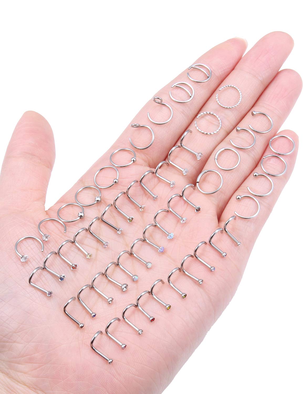 Boernfnso 18G Nose Rings for Women Surgical Steel Nose Rings Hoops Nose Piercing Jewelry,Screw Nose Rings, Corkscrew Nose Ring Studs,Opal Nose Ring CZ Screw Nose Studs,Cute Nose Rings,Silver