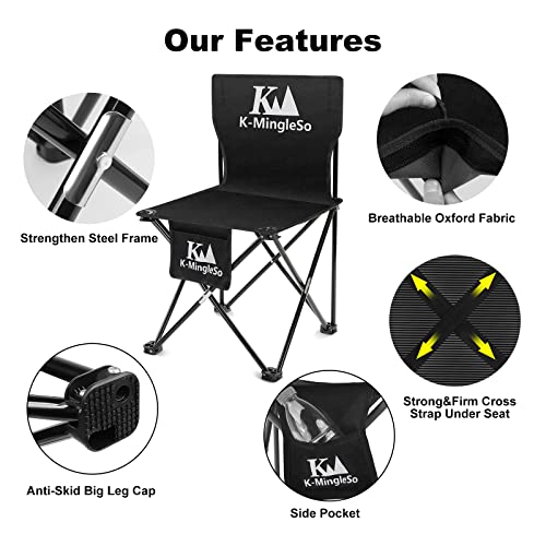 K-MingleSo Upgraded Folding Camping Chair with Side Pocket, Compact Ultralight Backpacking Chair for Fishing, BBQ, Beach, Travel, Picnic, Large Size, Hold Up to 330lbs [Black]