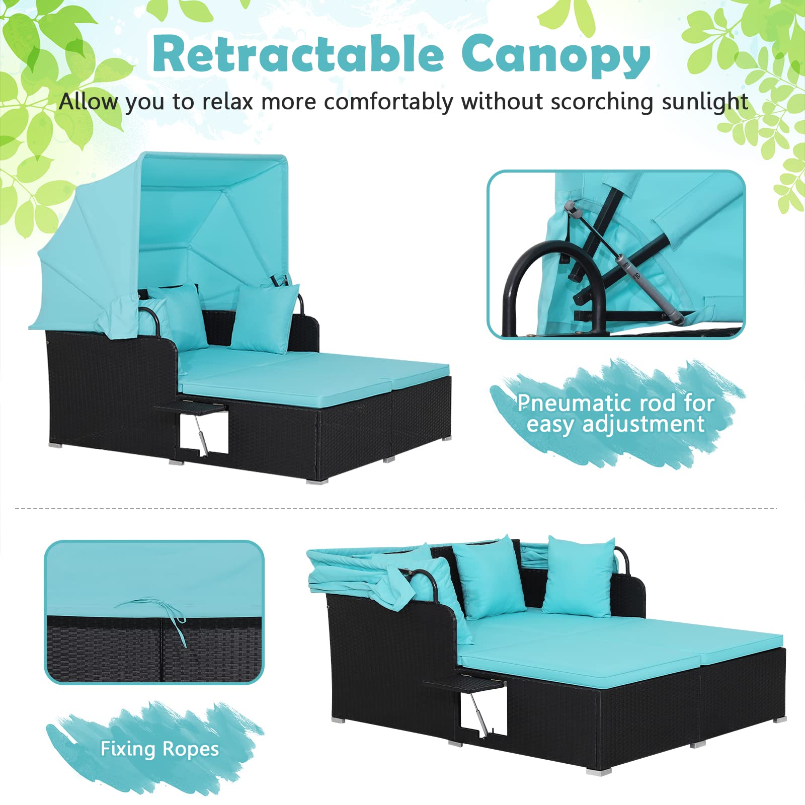 Salches Outdoor Daybed, Patio Daybed with Retractable Canopy, High-Resilient Soft Cushions, Foldable Side Trays, Outdoor Bed Loveseat for Garden, Backyard, Porch (Turquoise)