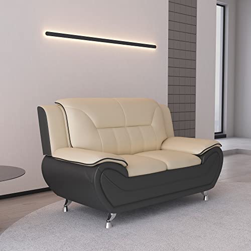 Container Furniture Direct Michael Modern Faux Leather Upholstered Stainless Steel Legs Living Room Loveseat, Camel/Black