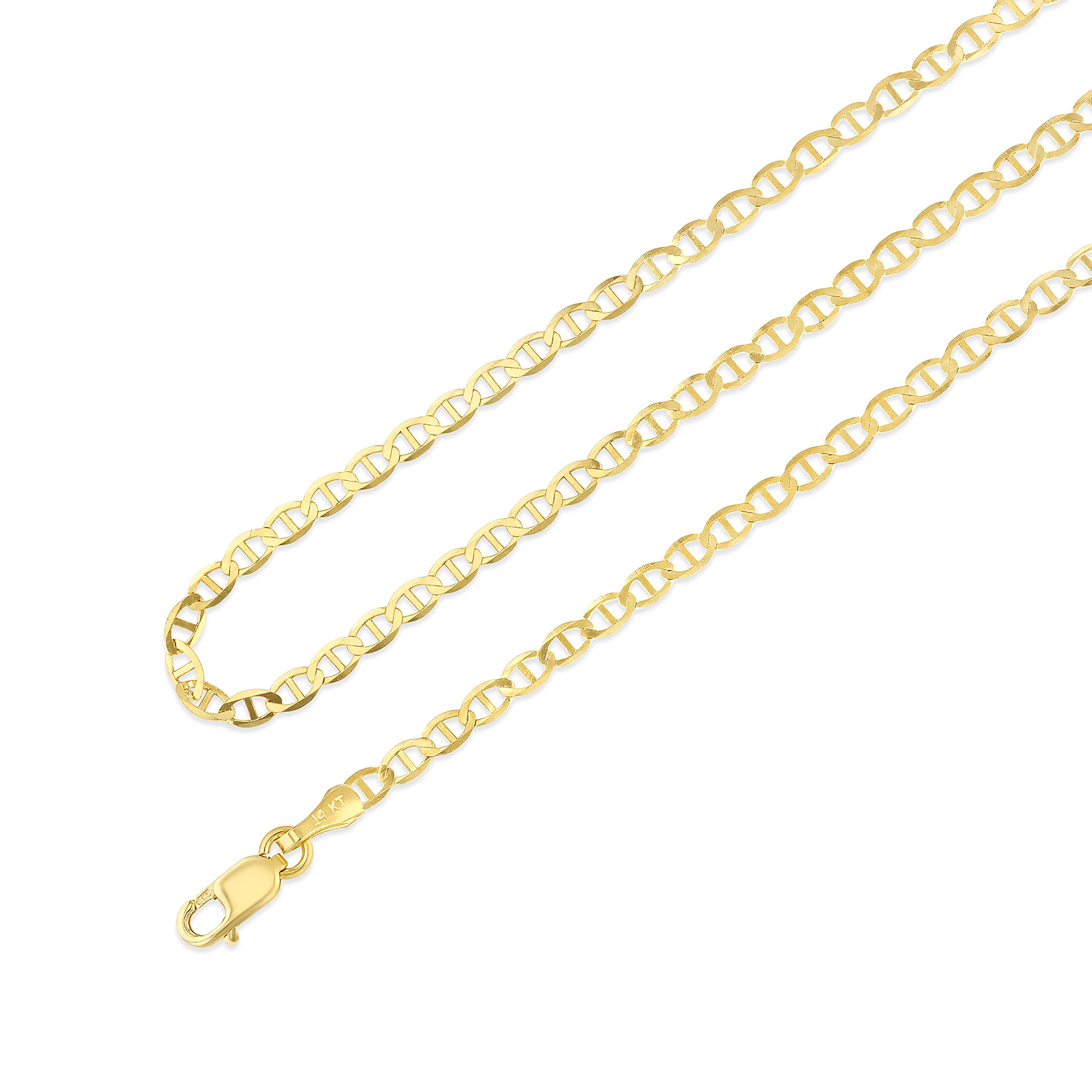Ioka - 14K REAL Yellow Solid Gold 2.5mm Flat Mariner Chain Necklace with Lobster Clasp - 22"