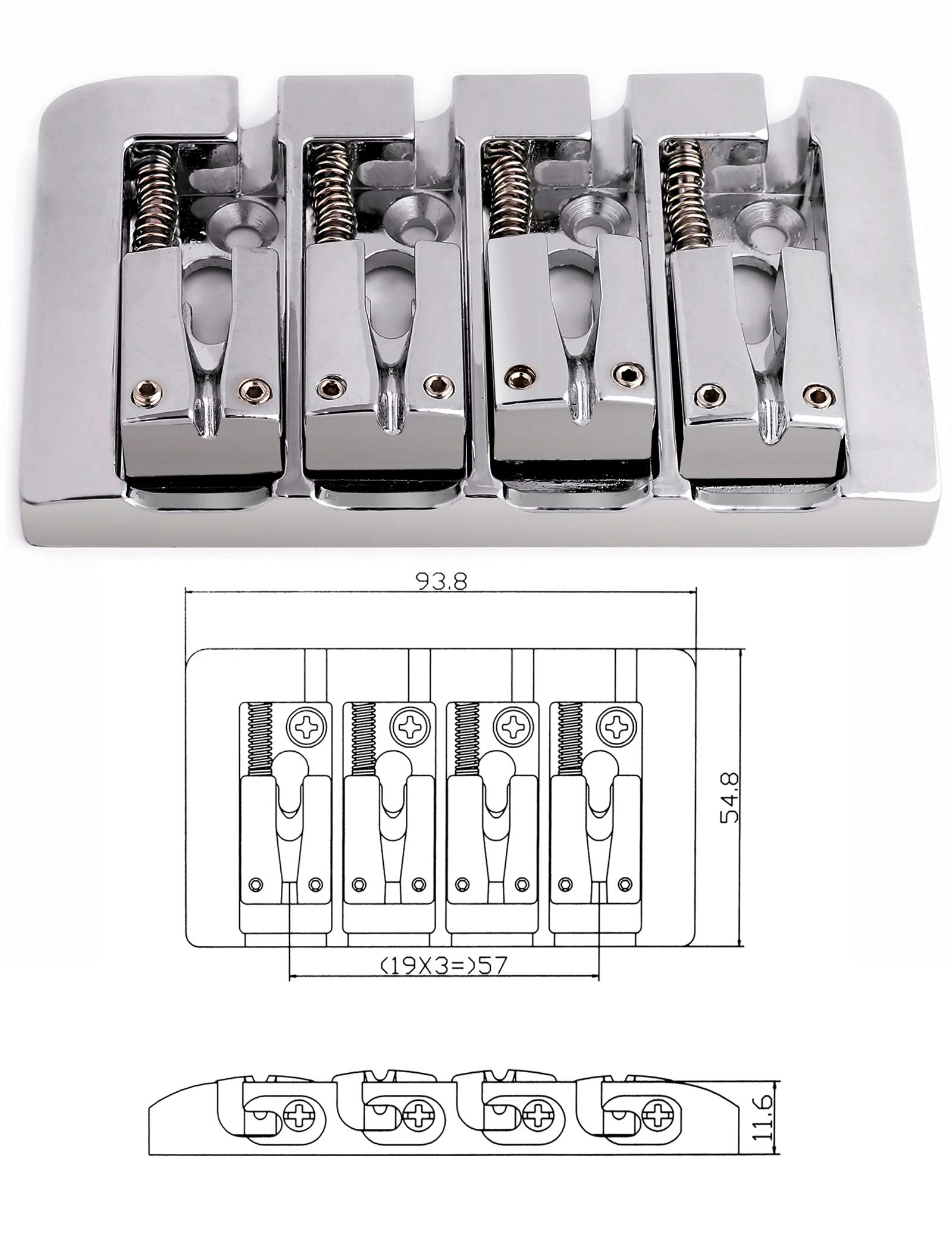 Bogart 4 String Bass Bridge A Style Top Load and String Through Body Tailpiece with Zinc Saddles for Electric Jazz Bass P Bass Chrome High Mass.