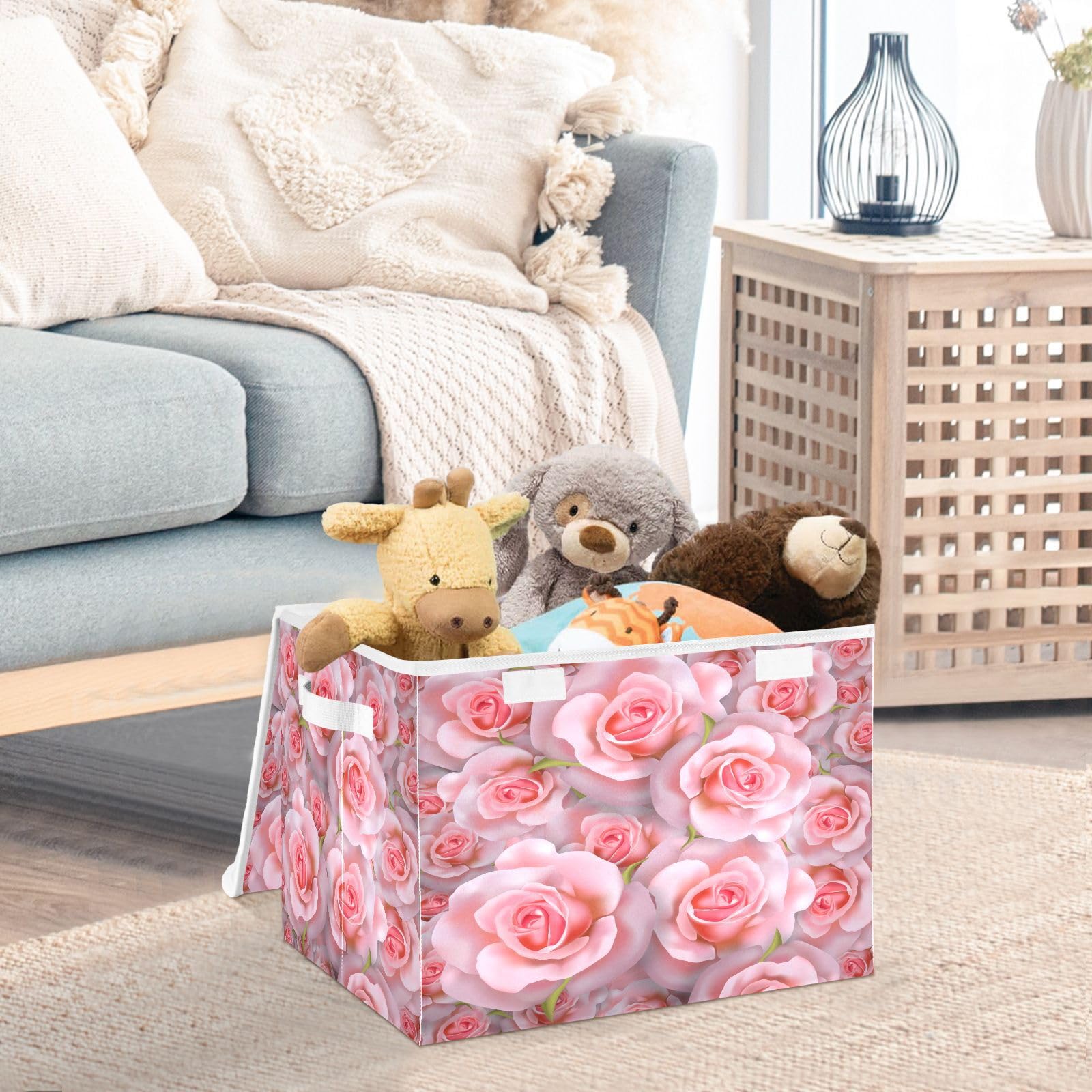 DIGTIA Pink Roses Storage Bins with Lids Large Valentines Day Flower Storage Basket with Handles Foldable Fabric Storage Box Organizer for Clothes Toys Closet Cabinet Home Office Bedroom