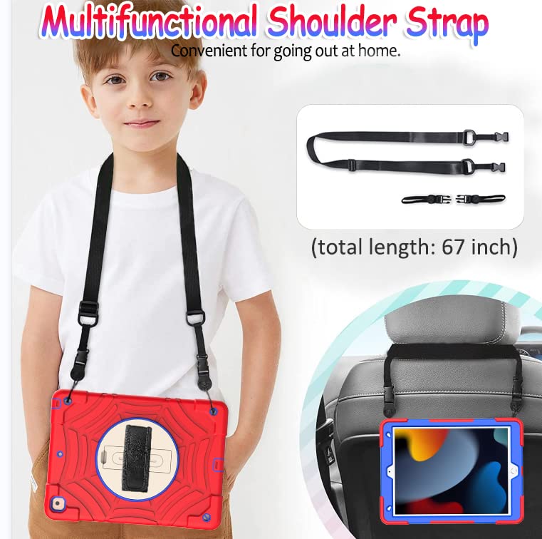 BMOUO Case for iPad 9th/8th/7th Generation - 10.2 Inch 2021/2020/2019 with Screen Protector, 360 Rotating Stand Hand & Shoulder Strap Shockproof Kids Case for iPad 9/8/7 Gen, Red