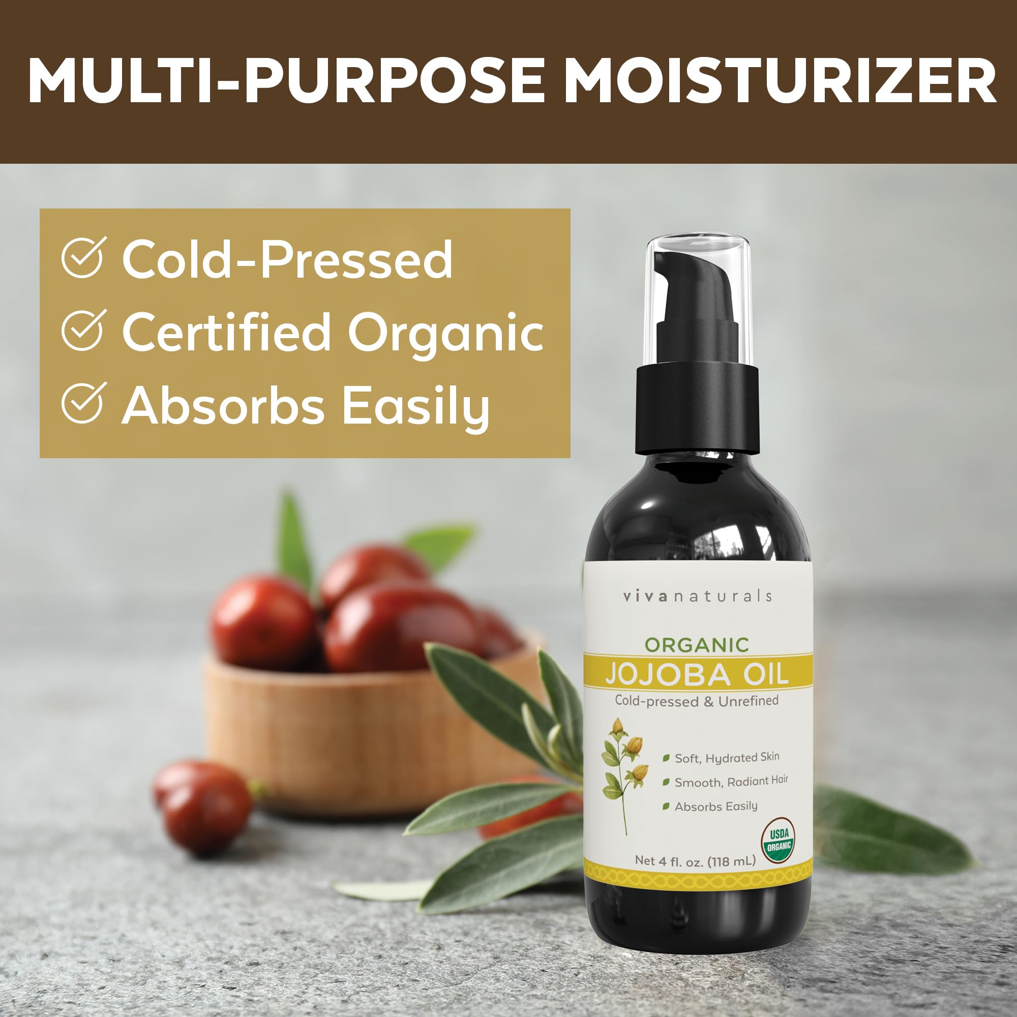 Viva Naturals Organic Jojoba Oil - Pure Cold-Pressed for Skin and Hair, USDA Certified Face Moisturizer, 4 fl. oz