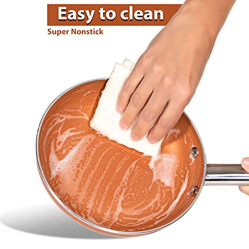 FOOD BOUTIQUE Copper Nonstick Ceramic Frying Pan with lid – 8-inch Egg Cooking Pan with tamper glass lid