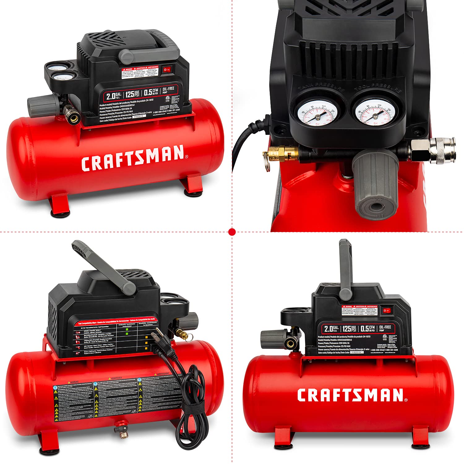 Craftsman Air Tools, 2 Gallon Portable Air Compressor 1/3 HP Oil-Free Max 125 PSI Pressure, Hot Dog, Model: CMXECXA0200243