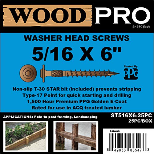 WoodPro Fasteners ST516X6-25PC 5/16-Inch by 6-Inch Length Round Washer Head Exterior Wood Screws, 25-Pack , Gold