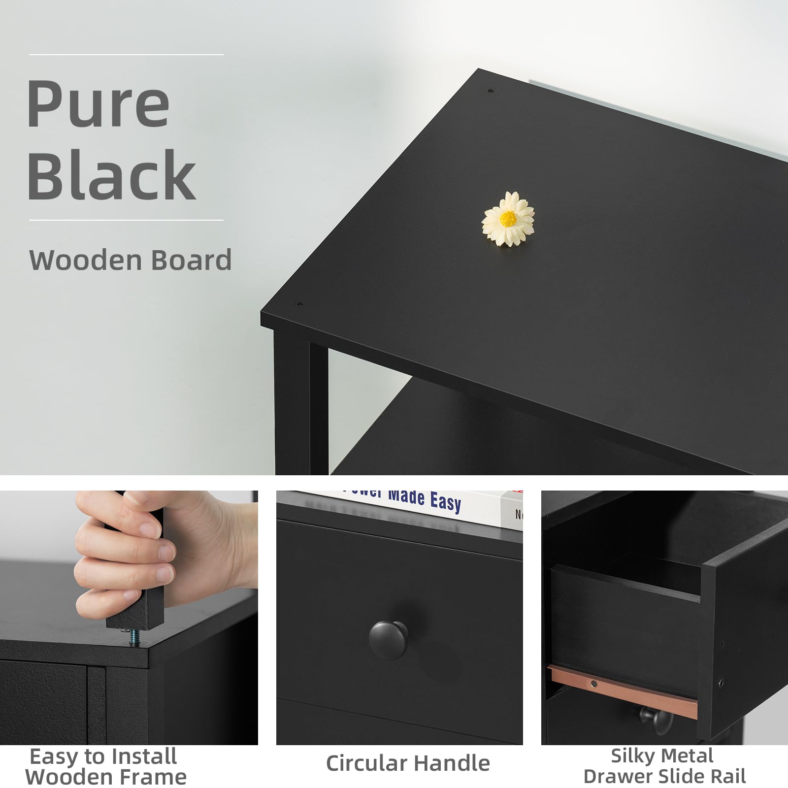 Lerliuo Black Night Stand, Small Nightstand with 2 Wood Drawers and Storage Shelf, Mid Century Modern Bedside Table with Wooden Frame, Rustic Bed Side Tables for Small Spaces, Nightstands for Bedroom