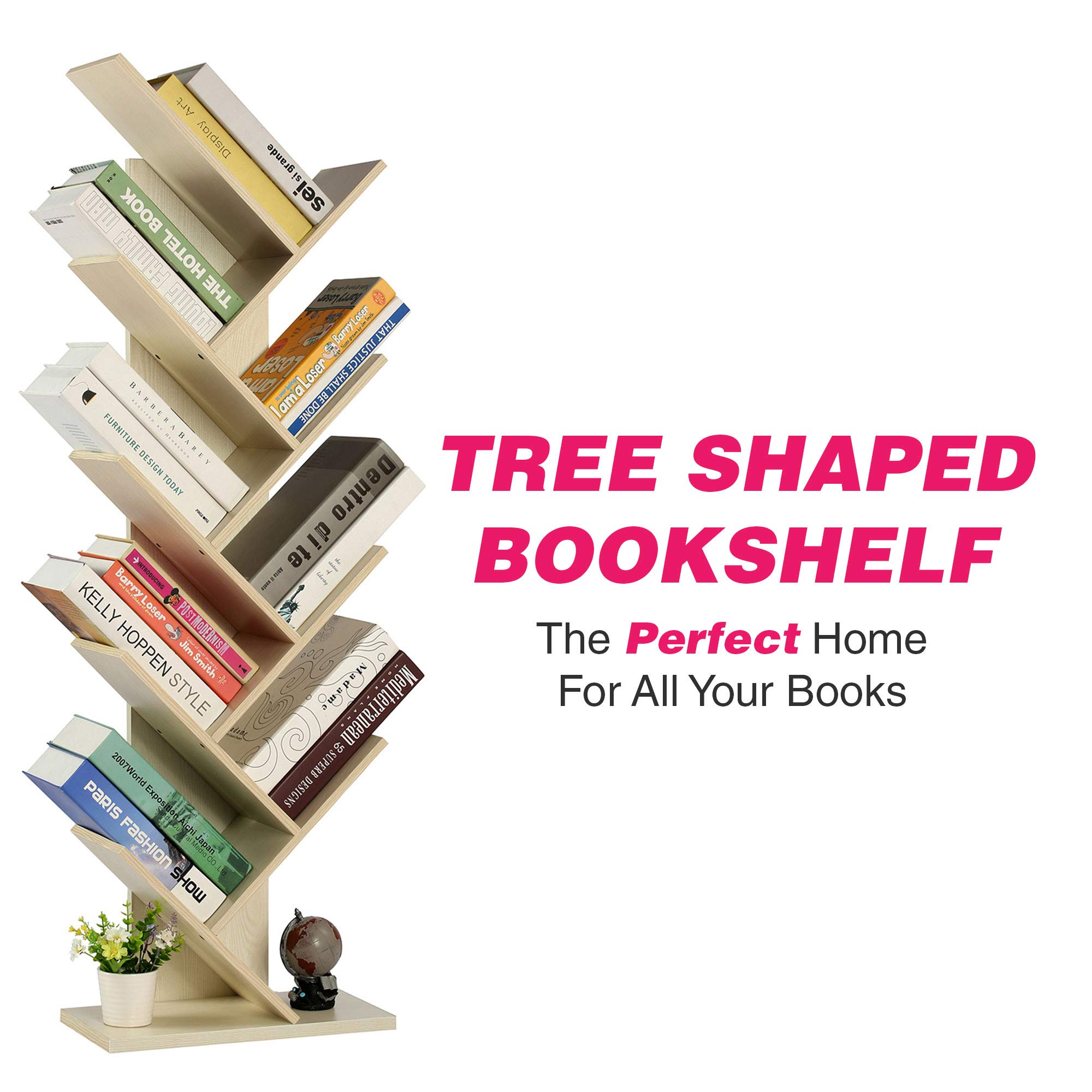 Berry Ave 9-Tier Tree Bookshelf - Unique Bookshelf for Books, Magazines, DVDs & More- Space Saving Spine Book Tower - Free Standing Bookcase in Modern Design for Home & Office Use (White)
