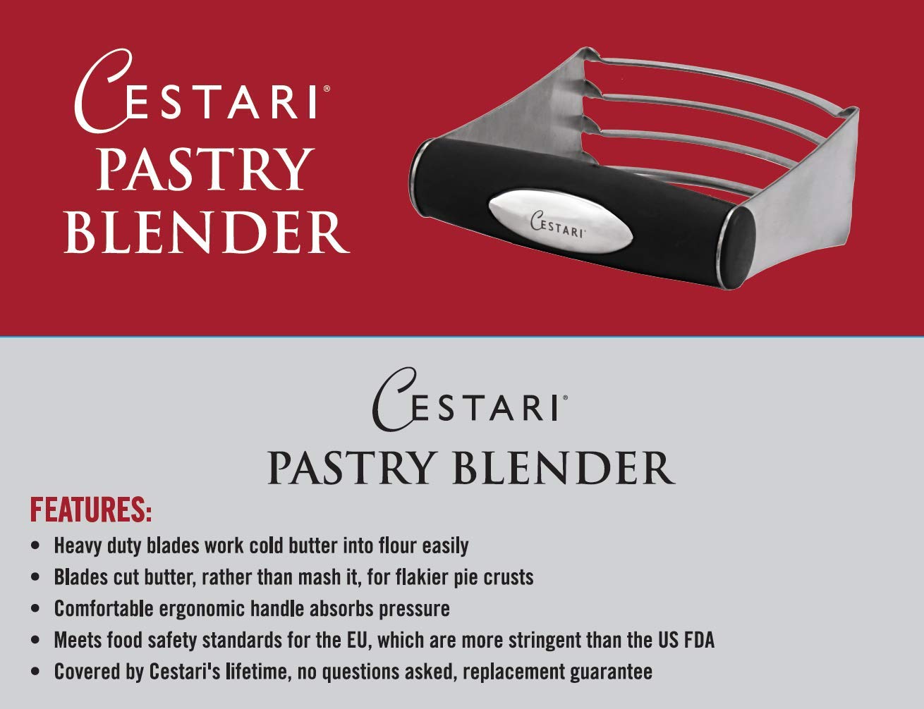 Cestari Professional Pastry Cutter - Heavy Duty Dough & Pastry Blenders - 4 Thick Blades - Soft Grip Handle - Pie Making Tools - 304 Stainless Steel - Lifetime Replacement Warranty