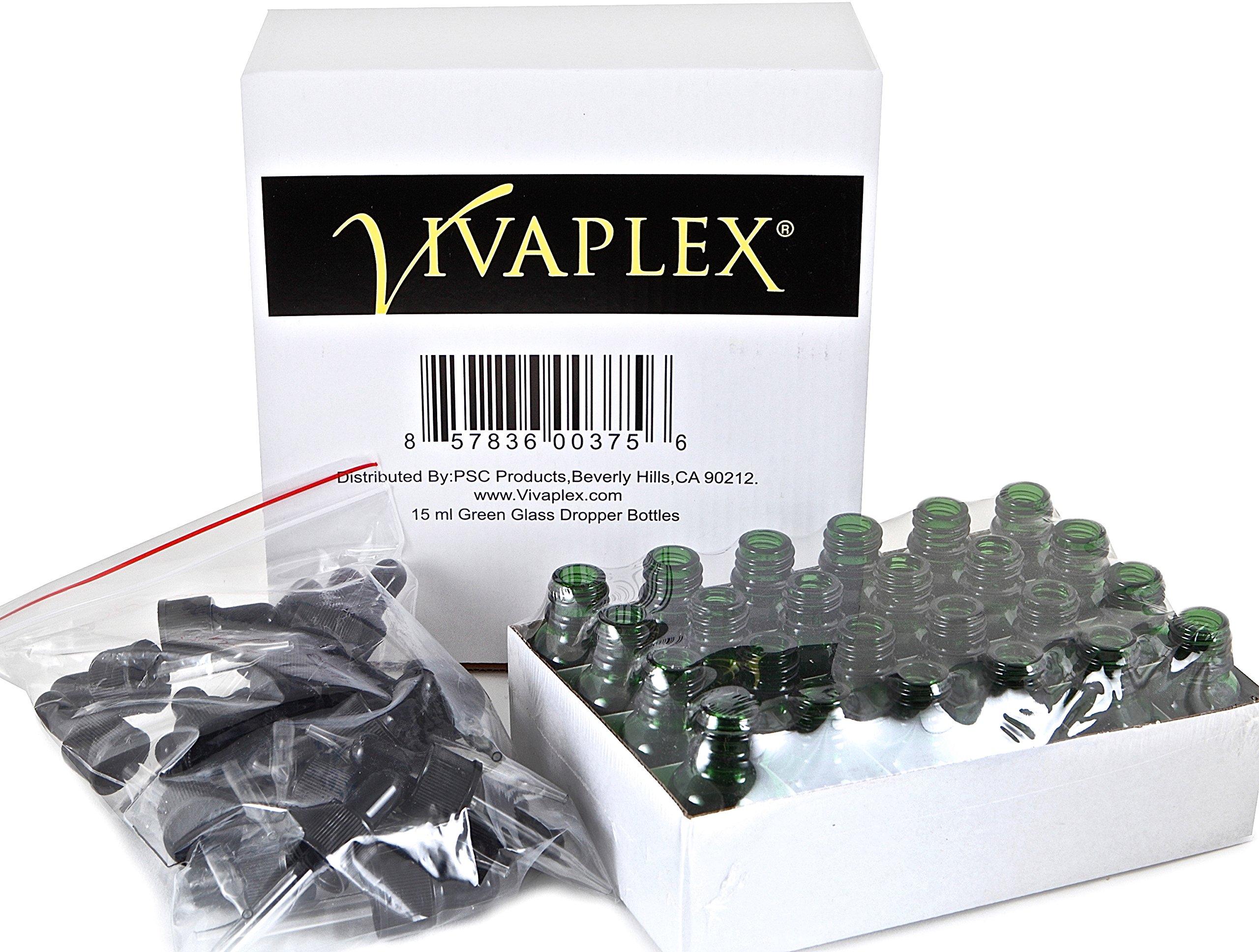Vivaplex, 24, Green, 15 ml (1/2 oz) Glass Bottles, with Glass Eye Droppers