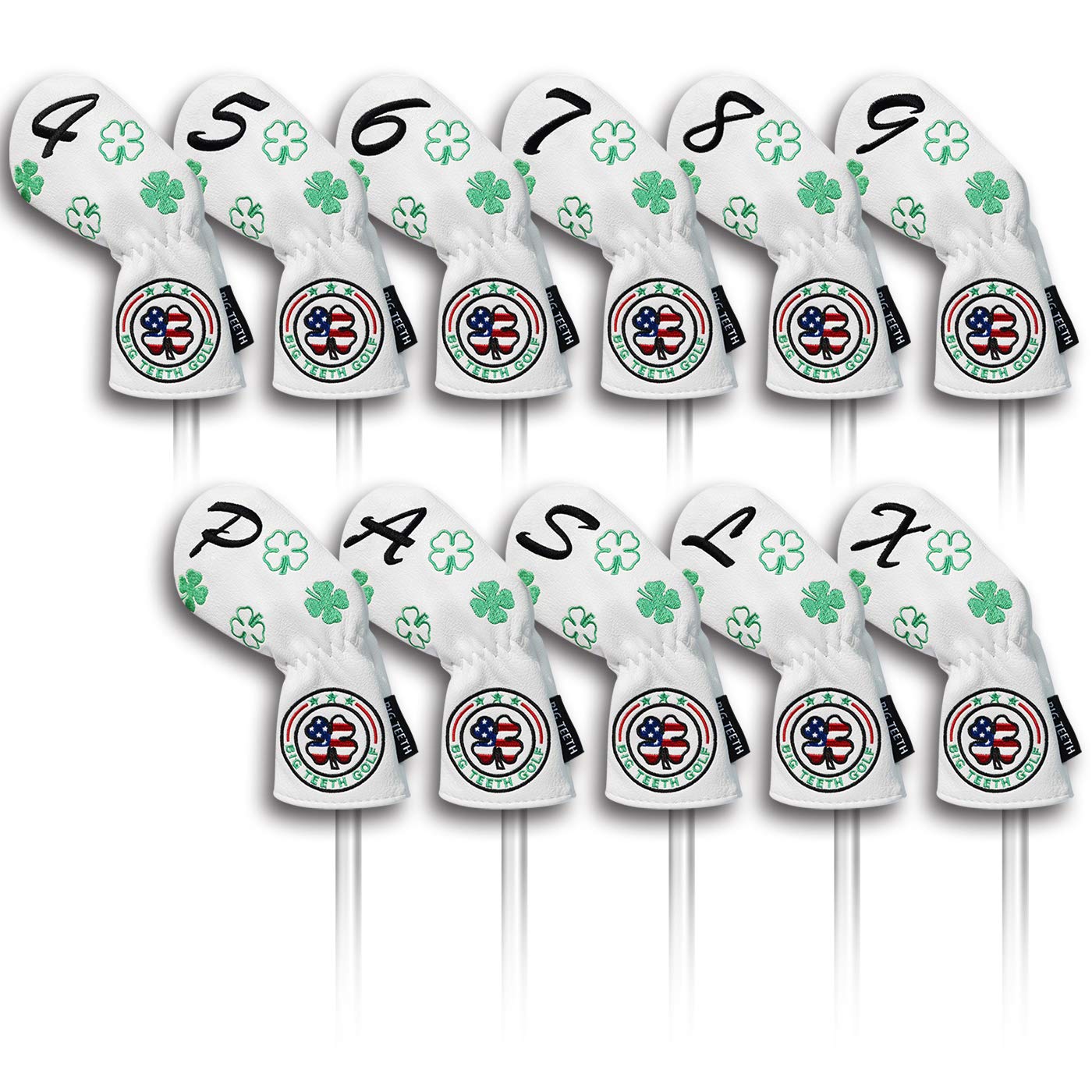 Big Teeth Golf Iron Covers Iron Head Covers, Lucky Clover Iron Covers Long Neck Golf Iron Head Covers, 11Pcs Golf Iron Covers Set Golf Club Covers for Irons Fit Taylormade SIM Cleveland Callaway Etc