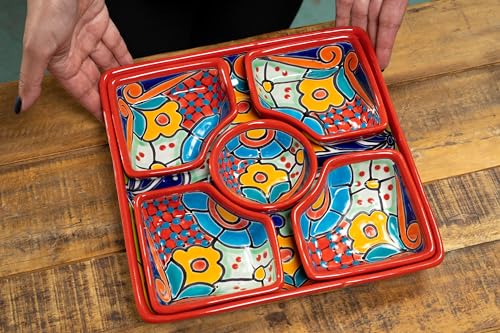 Enchanted Talavera Mexican Pottery Ceramic Large Appetizer Tray Serving Dishes Platter Dish Food Plate Condiments Organizer (Square 6 Piece Set, Red)