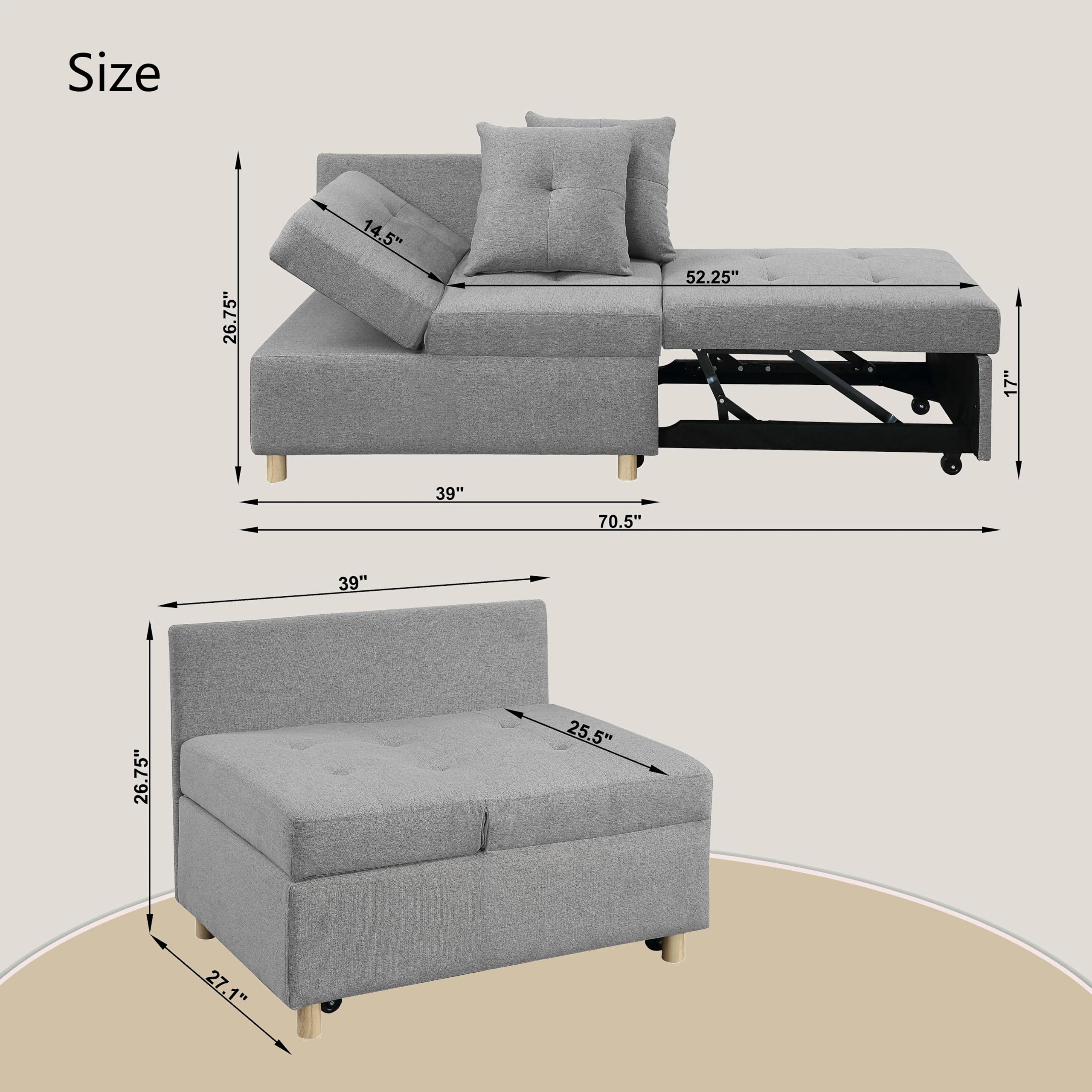 ChicFurnit Couch, 3-in-1 Convertible Sofa Bed, Linen Single Extendable Sofa with Adjustable Back, Futon Chair with 1 Lumbar Pillow, Futon Sofa Bed with 4 Small Wheels for Living Room, Dark Gray