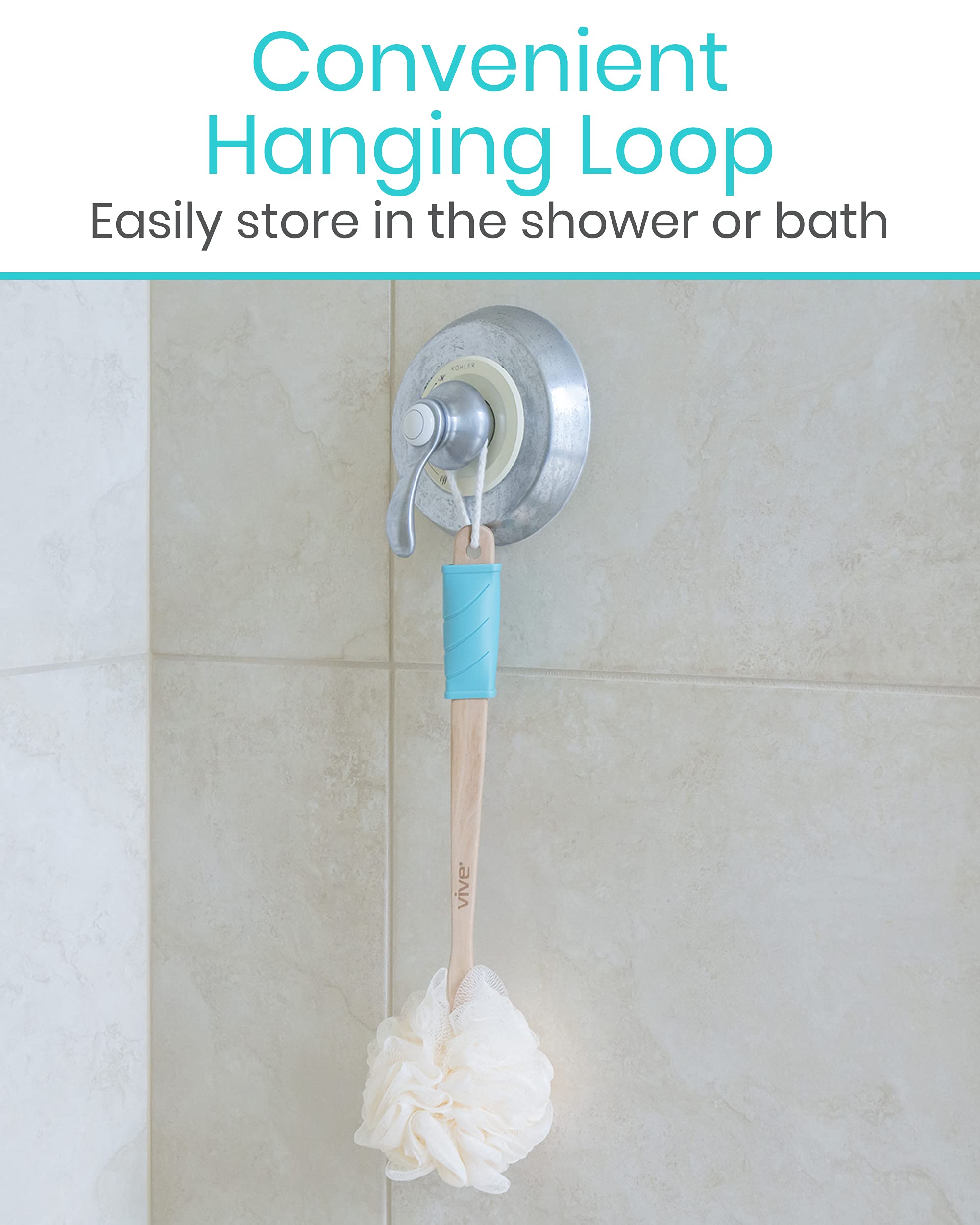 Vive 17” Shower Loofah with Long Handle - Exfoliating Back & Body Scrubber for Men & Women - Luffa Sponge on a Stick for Bathing, Cleaning - Includes Extra Handheld Lufa, Hook & String to Hang on Wall