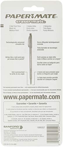 Paper Mate EraserMate Pen Stick, Stick Ball Point Pen Black Barrel Medium-1.0mm, 3-Carded, Black Ink (SAN-3160458PP)