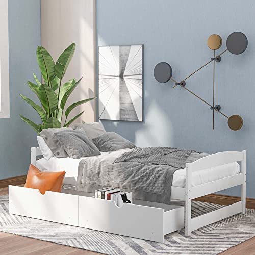Heliosphere Twin Size Solid Wood Daybed with 2 Storage Drawers, Due Use Sofa Bed with Sturdy Wooden Slat Support, No Box Spring Needed for Boys Girls Teens Adults Guest, Easy Assemble (White)