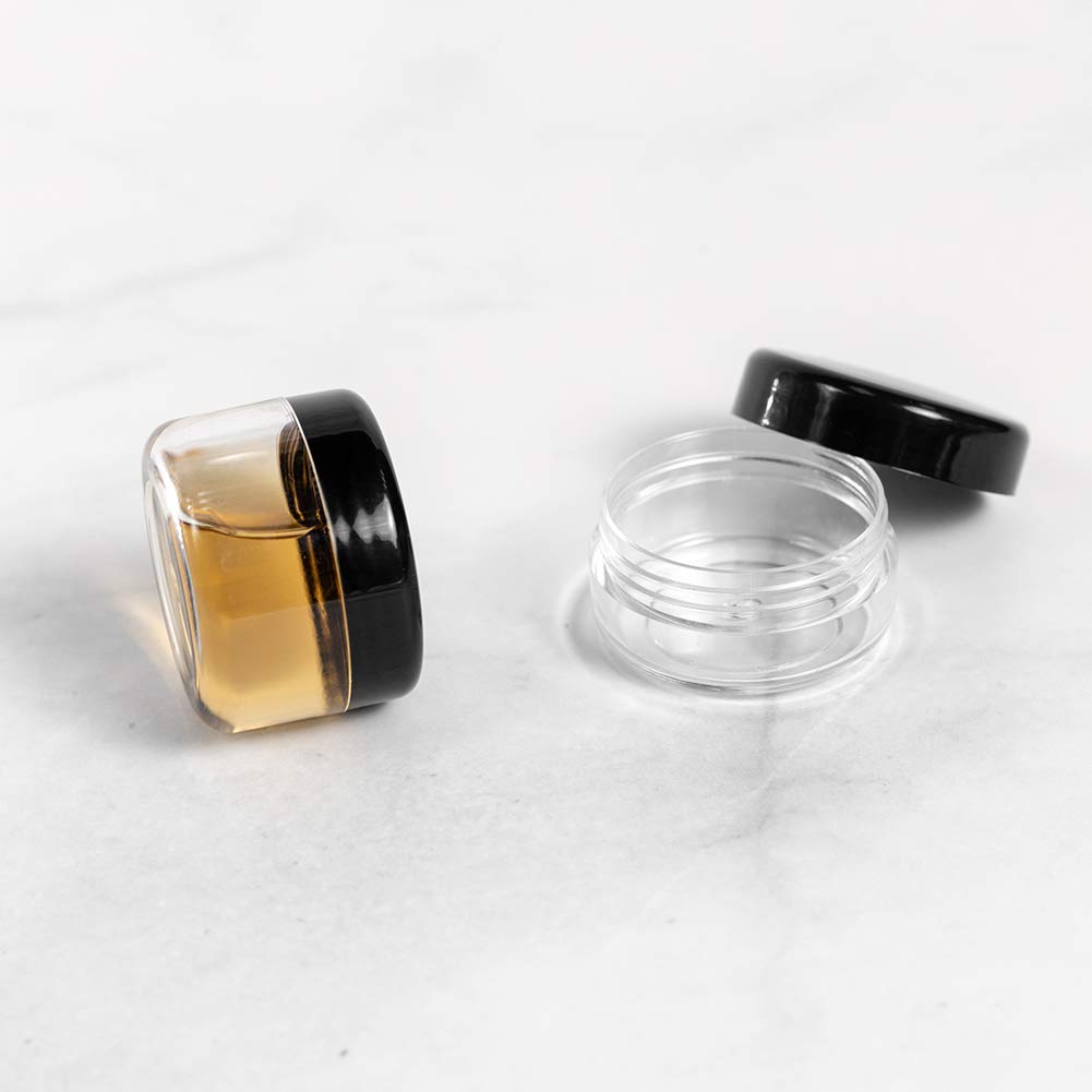 ZEJIA 10pcs Small Travel Containers, Black Sample Containers with Screw Lids, 5 Size 3/5/10/15/20 Gram Sample Jars with 12pcs Labels and 2pcs Mini Disposable Spatula, Makeup Sample Containers BPA Free