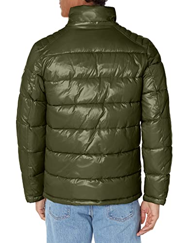 GUESS Men's Mid-Weight Puffer Jacket with Removable Hood, Army Green, Large