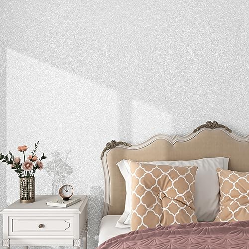 FunStick 15.8"x240" Pearl White Glitter Wallpaper Stick and Peel Sparkle White Glitter Contact Paper for Cabinets Self Adhesive Removable Fabric Glitter Wall Paper Roll for Bedroom Wall Decor Dresser