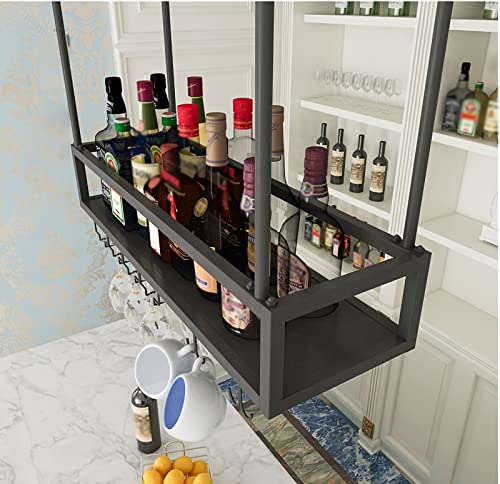 DICKIS Hanging Wine Rack with Glass Holder and Shelf, Adjustable Height and Width Metal Ceiling Bar Wine Glass Rack, Industrial Wall Mounted Wine and Glass Rack (Color : Black, Size : 100x25x21cm)