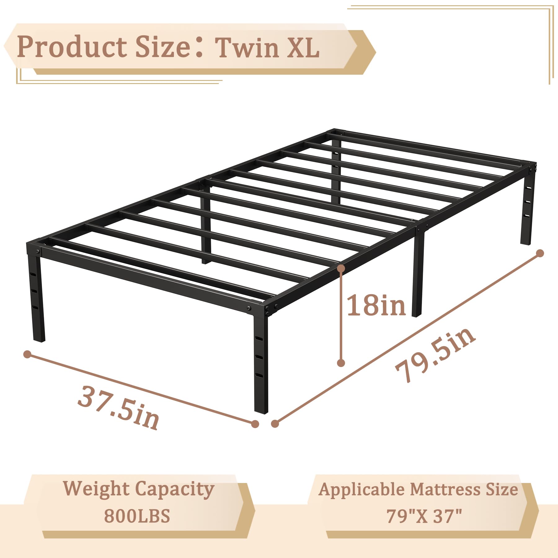 Besebay Queen Size Bed Frame 18 Inch Heavy Duty Metal Frames with Steel Slats Support Ample Storage No Box Spring Needed, Easy Assembly, Noise Free, Black