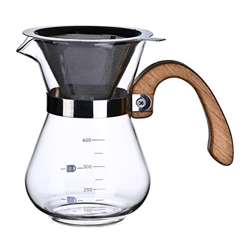 KATKAF Wooden Handle Pour Over Coffee Maker - with Double-layer Paper-free Stainless Steel Filter - Hand Coffee Dripper Brewer Pot - 13.5 Ounce/ 400 ml