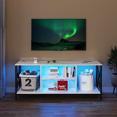 HNEBC LED White TV Stand with USB/Wireless Charging Station,Television Stands with Auto Induction/Adjustable LED Lights,TV Stand for 65+ inch TV and Storage Cabinet Suitable for Living Room (White)