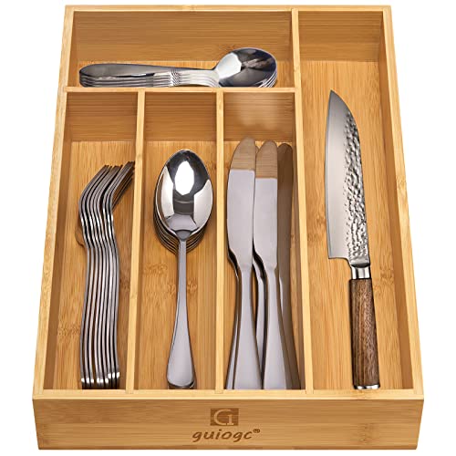 guiogc Kitchen Bamboo Silverware Drawer Organizer,Silverware Organizer and Cutlery Tray with Grooved Drawer Dividers for Silverware, Knives in Kitchen, Bedroom (5 Slot-Natural)
