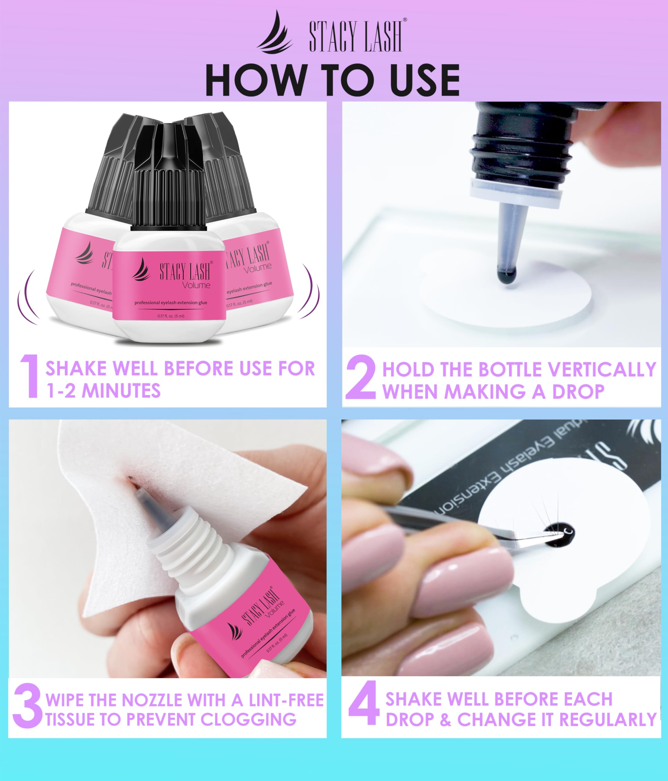 Volume Eyelash Extension Glue Stacy Lash 0.17fl.oz/5ml/3-4 Sec Drying Time/Retention 6 Weeks/Black Adhesive/Professional Supplies/Pegamento de Pestañas