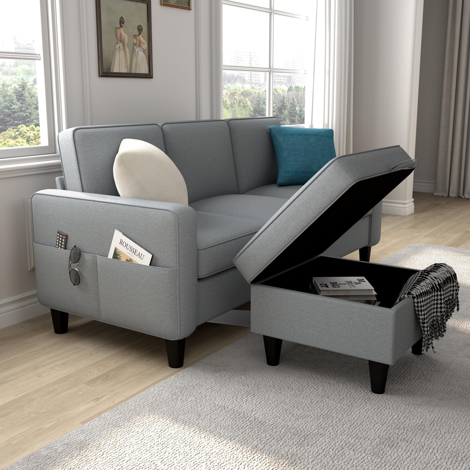 Convertible Sectional Sofa Couch, L-Shaped Sofa with Movable Ottoman and Side Pocket, Cloud Couch 3 Seat Sofa for Living Room Office Small Apartments, 680 LBS Capacity, Dark Gray