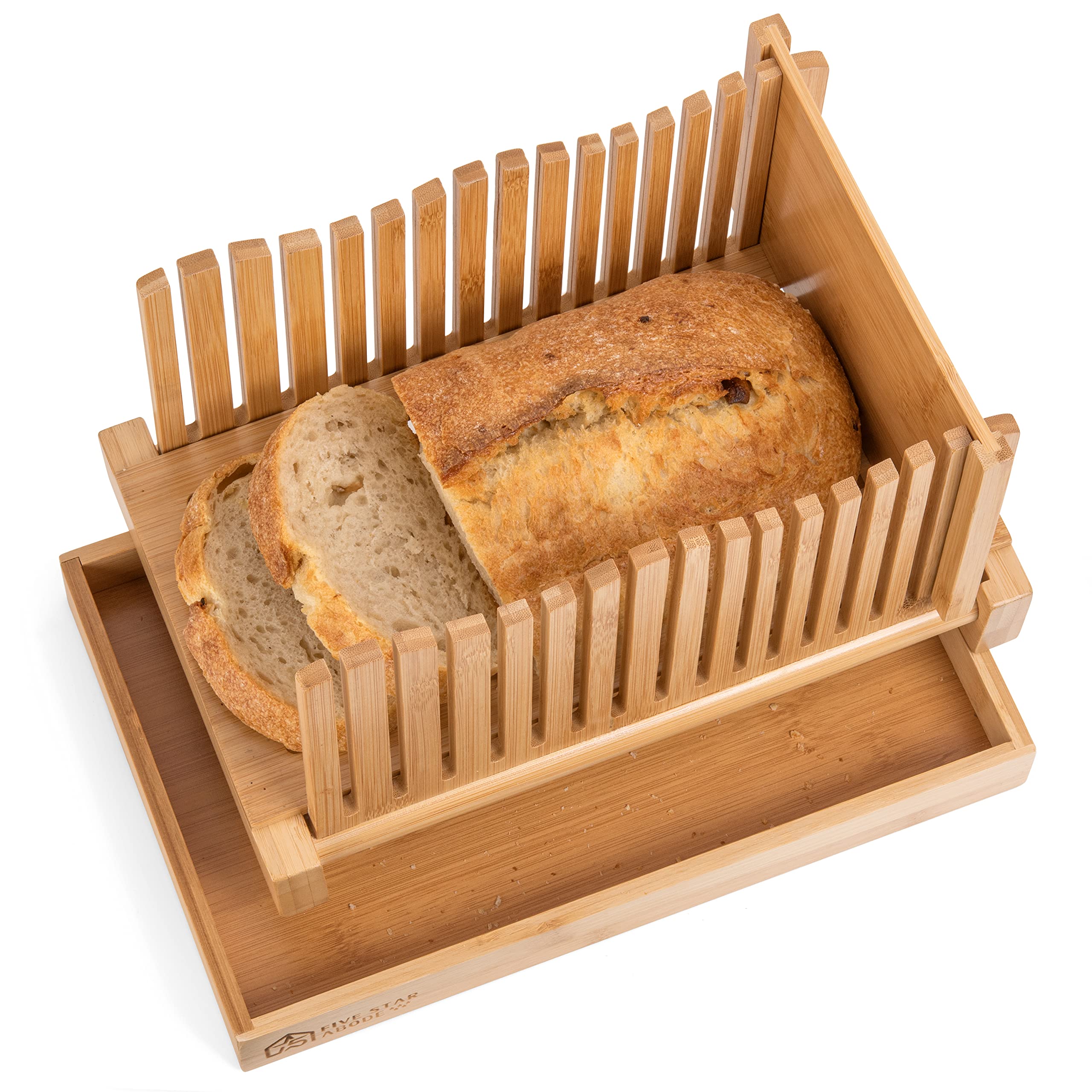 Bamboo Bread Slicer Guide With Crumb Catcher And Serving Tray - 3 Slice Sizes - Adjustable - Perfect For Homemade Bread, Loaf Cakes, Bagels - Foldable For Compact Storage - Slicing - Cutting