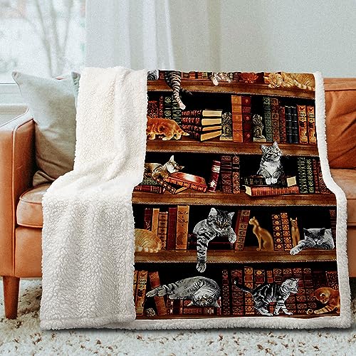 Dropshipful Bookshelf Cat Throw Blanket 50"x60" Plush Fluffy Sherpa Fleece Blanket Soft Throws for Sofa, Couch and Bed