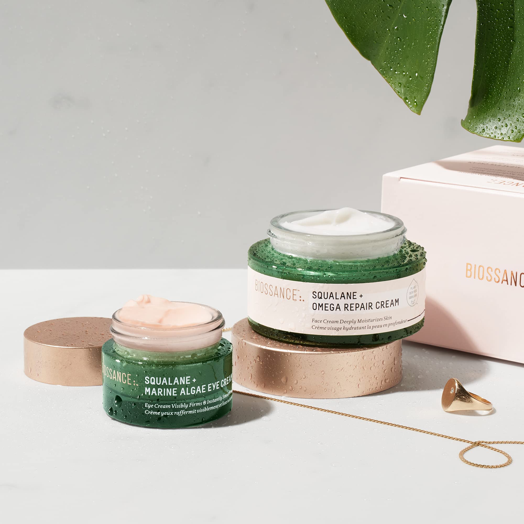 Biossance Super Hydrators Set. Limited Edition Full Size Squalane + Marine Algae Eye Cream (0.5 oz) Bundle with Squalane + Omega Repair Cream (1.6 oz). Moisturize, Firm and Smooth Fine Lines
