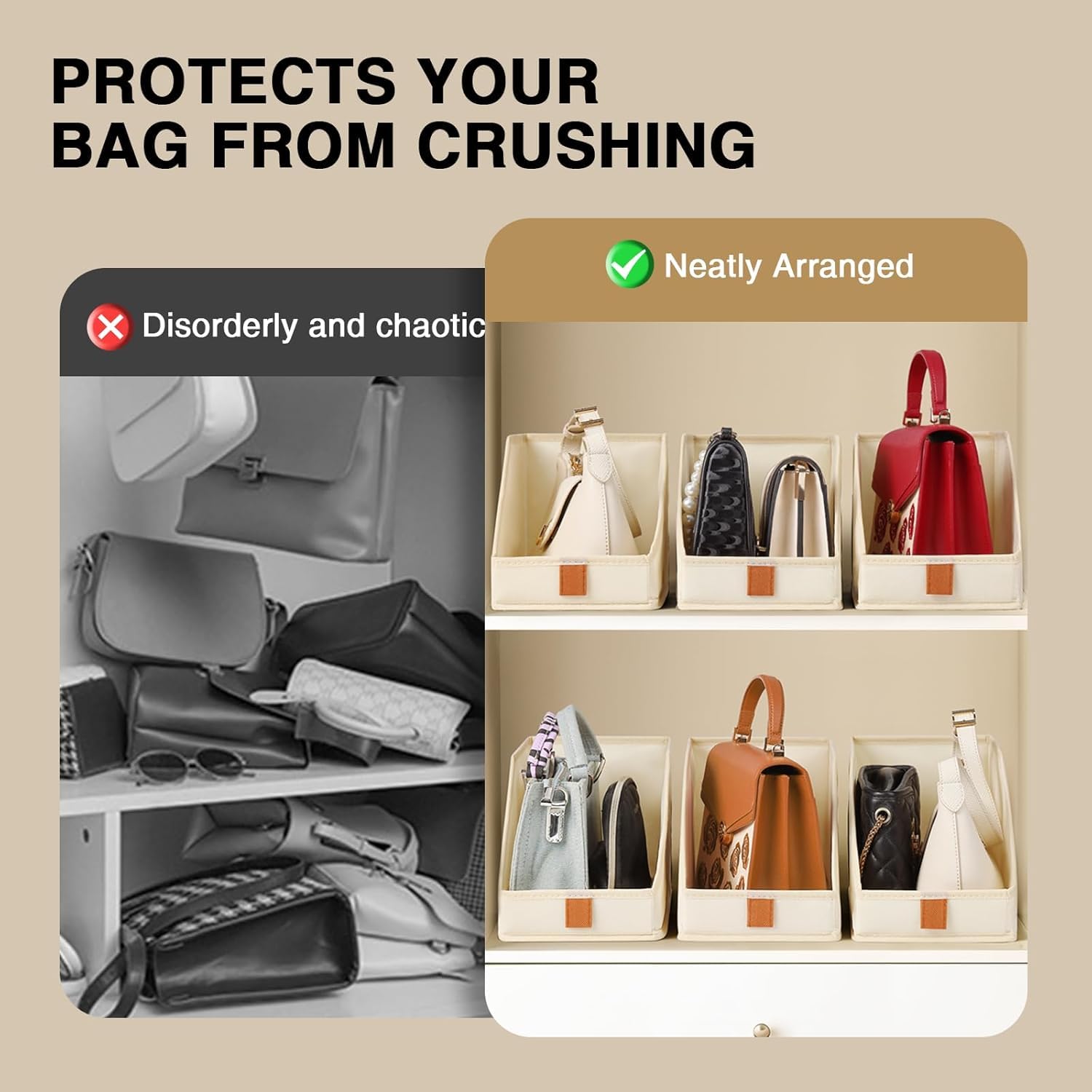 DIMJ Closet Organizers for Purses and Bag Storage, Small Storage Bins Foldable, Storage Baskets for Shelves, Wardrobe, Bedroom, Office - Fabric Cube Storage 6 Pack(Beige, 5.9 x 11.8 x 6.7 in)