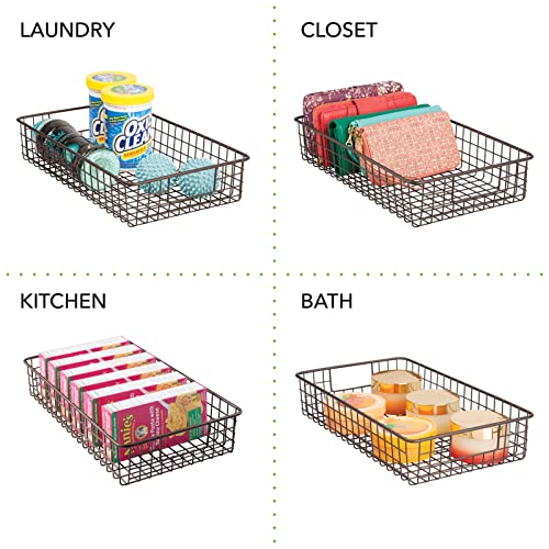 mDesign Metal Wire Food Storage Shallow Bin Basket with Handles for Organizing Kitchen Cabinets, Counter, Pantry Shelf - Perfect for Snacks, Drinks - Concerto Collection - Bronze