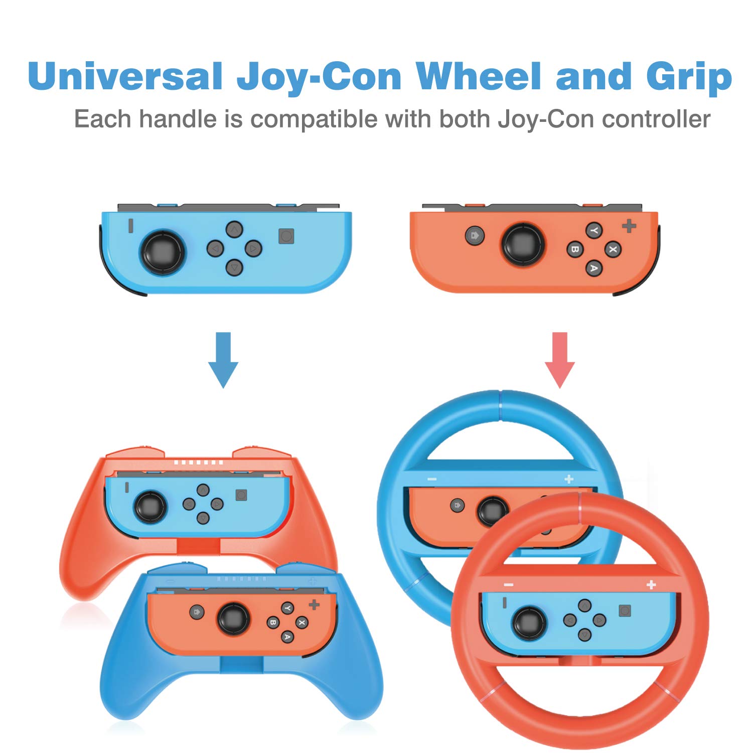 HEYSTOP Wheel Controller for Nintendo Switch & Switch OLED Model 2021 (4 Pack) Joy Con Controller Grip and Switch Steering Wheel for Mario Kart (Red&Blue)