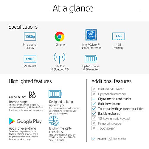 HP Chromebook 14-inch FHD Laptop, Intel Celeron N4000, 4 GB RAM, 32 GB eMMC, Chrome (14a-na0050nr, Mineral Silver)
