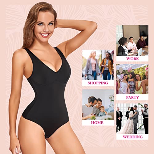 Nebility Women Waist Trainer Shapewear Slim Body Shaper Deep V Neck Thong Bodysuit Tummy Control Jumpsuit Tops (M, Black)