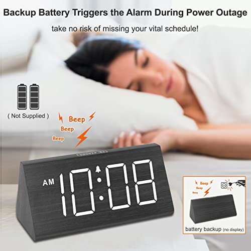 DreamSky Wooden Digital Alarm Clocks for Bedrooms - Electric Desk Clock with Large Numbers, USB Port, Battery Backup Alarm, Adjustable Volume, Dimmer, Snooze, DST, 12/24H, Wood Décor (Black)