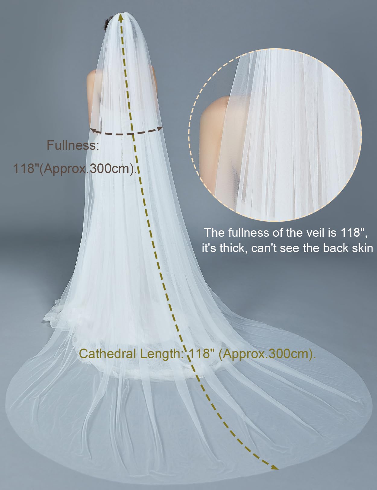 BEAUTELICATE Wedding Bridal Veil with Comb 1 Tier Pencil Edge Cathedral Length 118"L 118"W