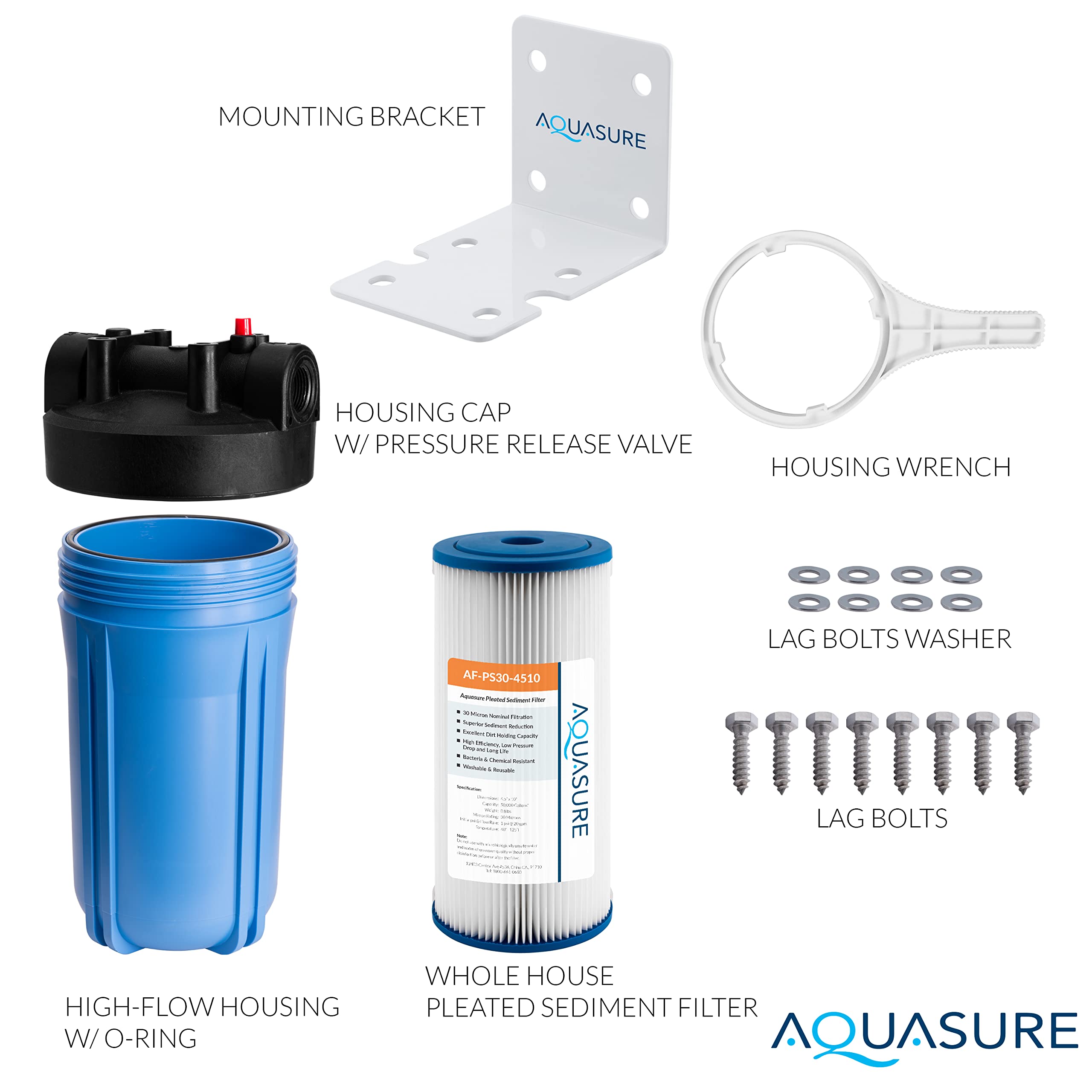 Aquasure Fortitude High Flow Whole House Water Filter with 30 Micron Pleated Sediment Filter - 10" x 4.5"